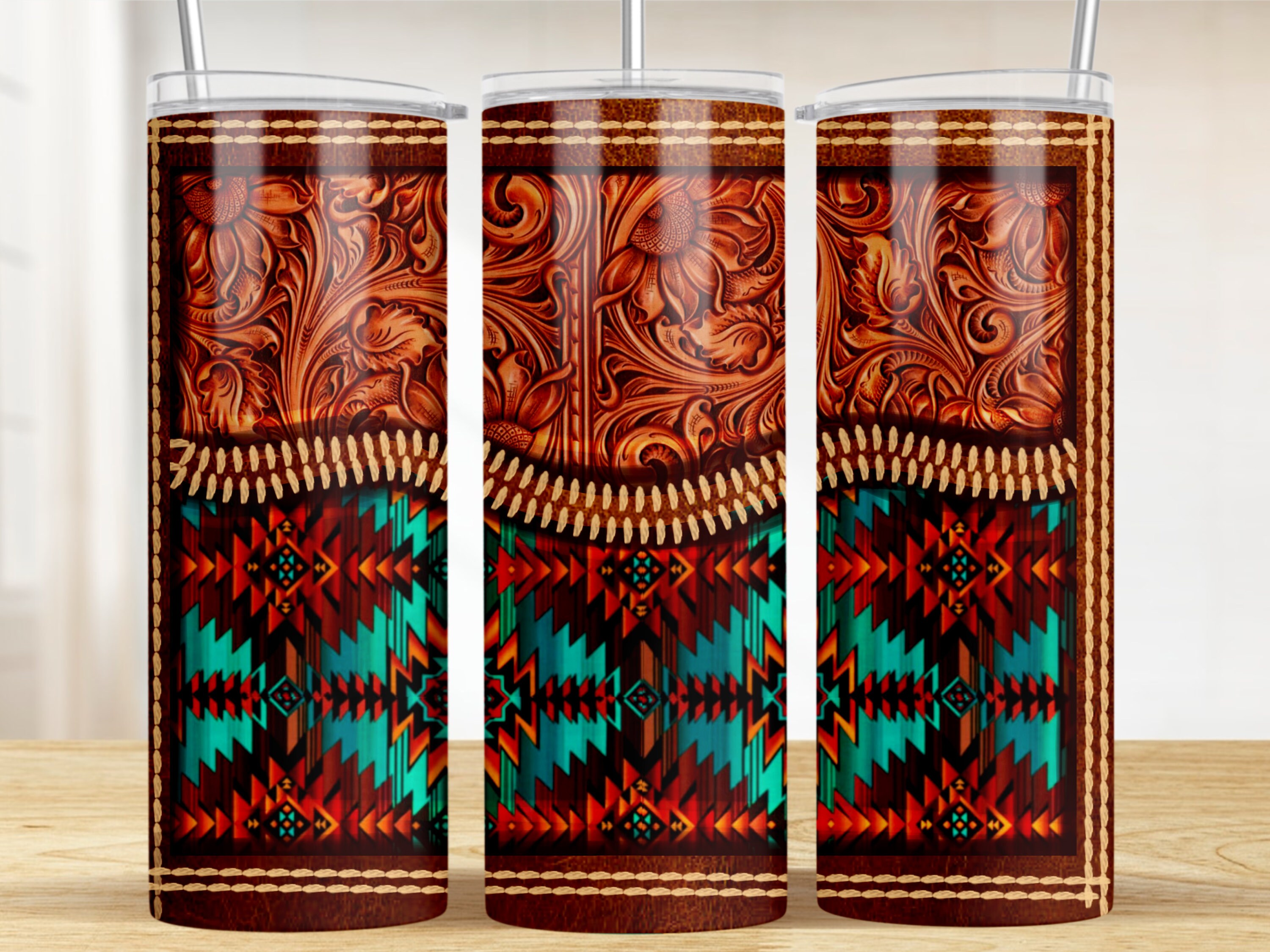 Western Tooled Leather Aztec 20oz Skinny Tumbler Png, Western Tumbler ...