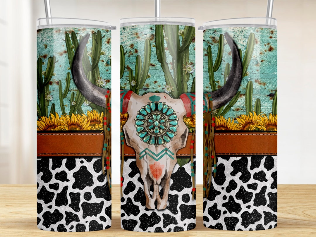 Bull Skull Cow Turquoise Gemstone 20oz Skinny Tumbler Png,western ...