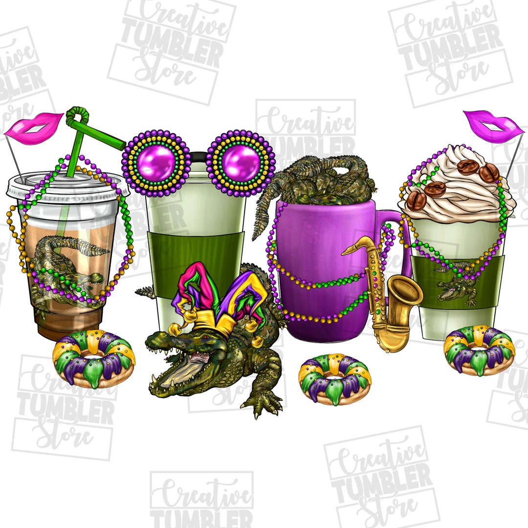 Mardi Gras Alligator Coffee Cups Png Sublimation Design Download, Happy ...