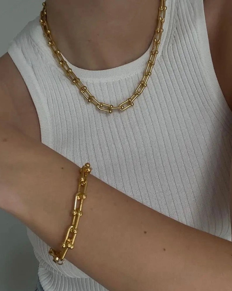 18k Gold U Link Chain Necklace, Dainty Bold Thick Chunky Gold Link ...