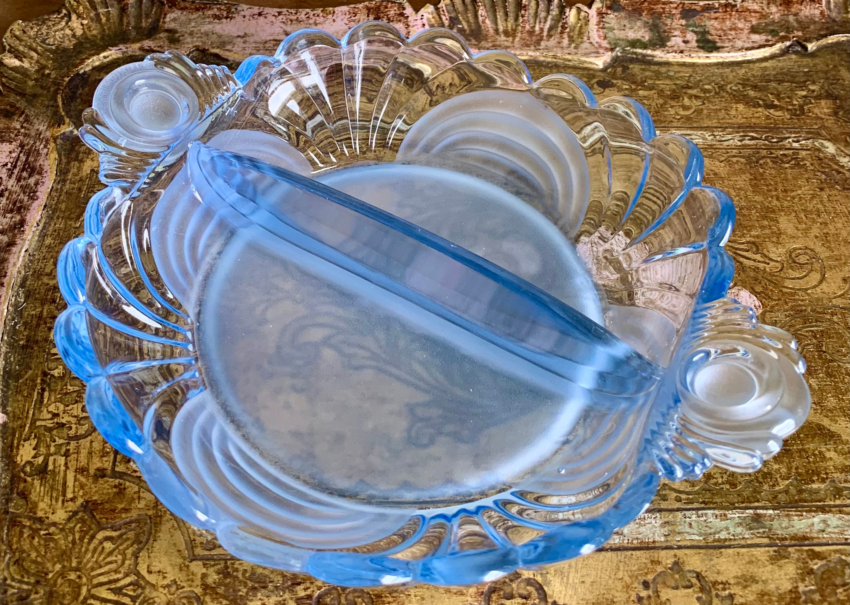 Rare Vintage Cambridge Caprice Blue Glass Frosted Handled Divided Dish ...