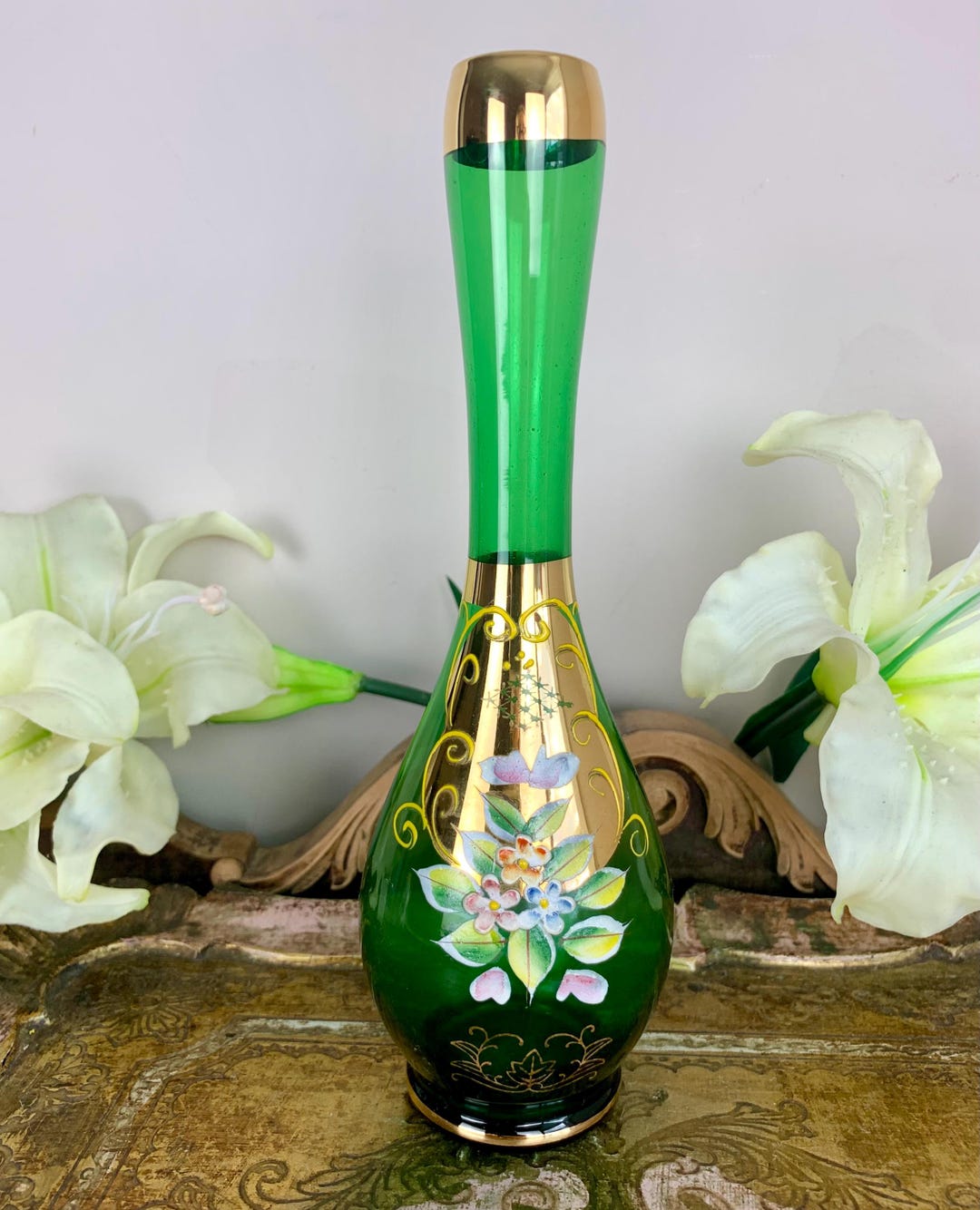 Vintage Bohemian Emerald Green 9" Bud Vase With Gold Trim Raised ...