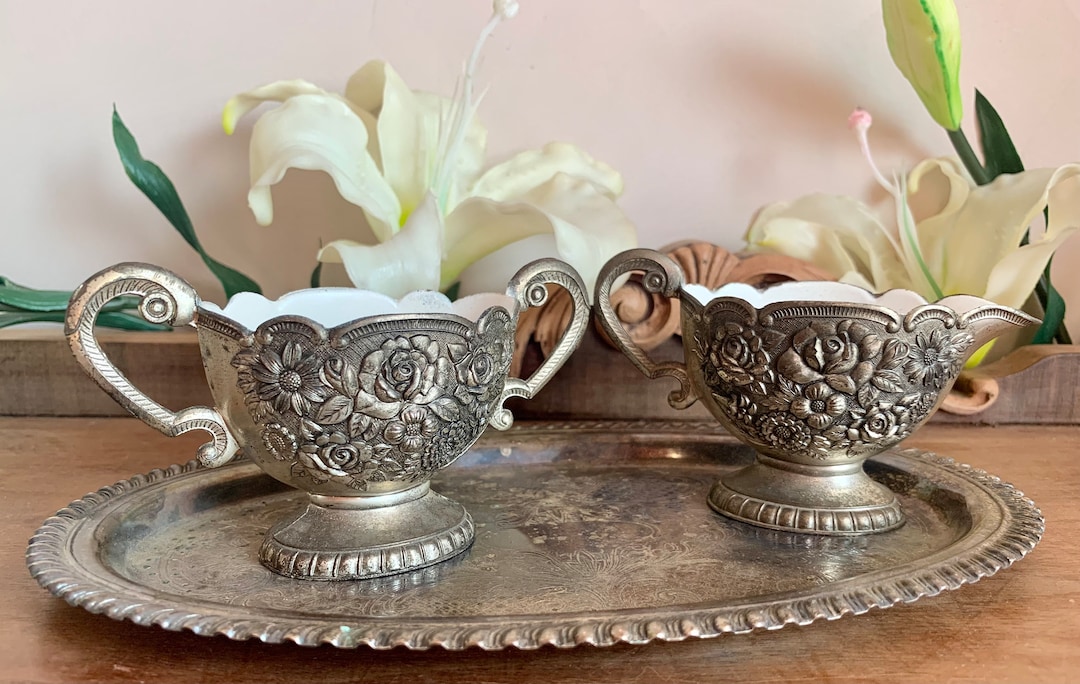 Vintage Silverplate & Enamel Creamer and Sugar Set With Tray - Etsy
