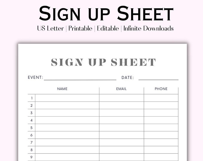 Editable Sign up Sheet, Printable Single Sign up Form, Minimalist Sign ...