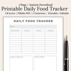 Printable Daily Food Tracker, Food Log, Track Health & Fitness, Record ...