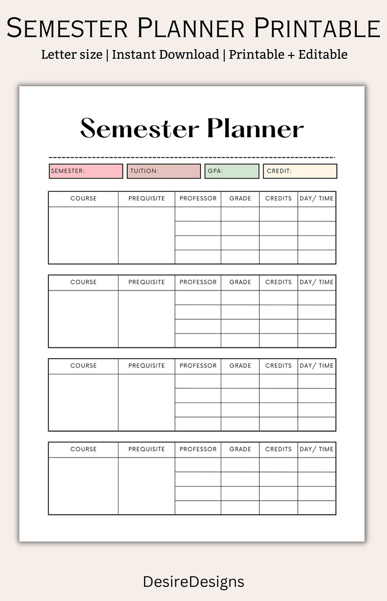Editable Semester Planner Printable Semester Planner - Etsy