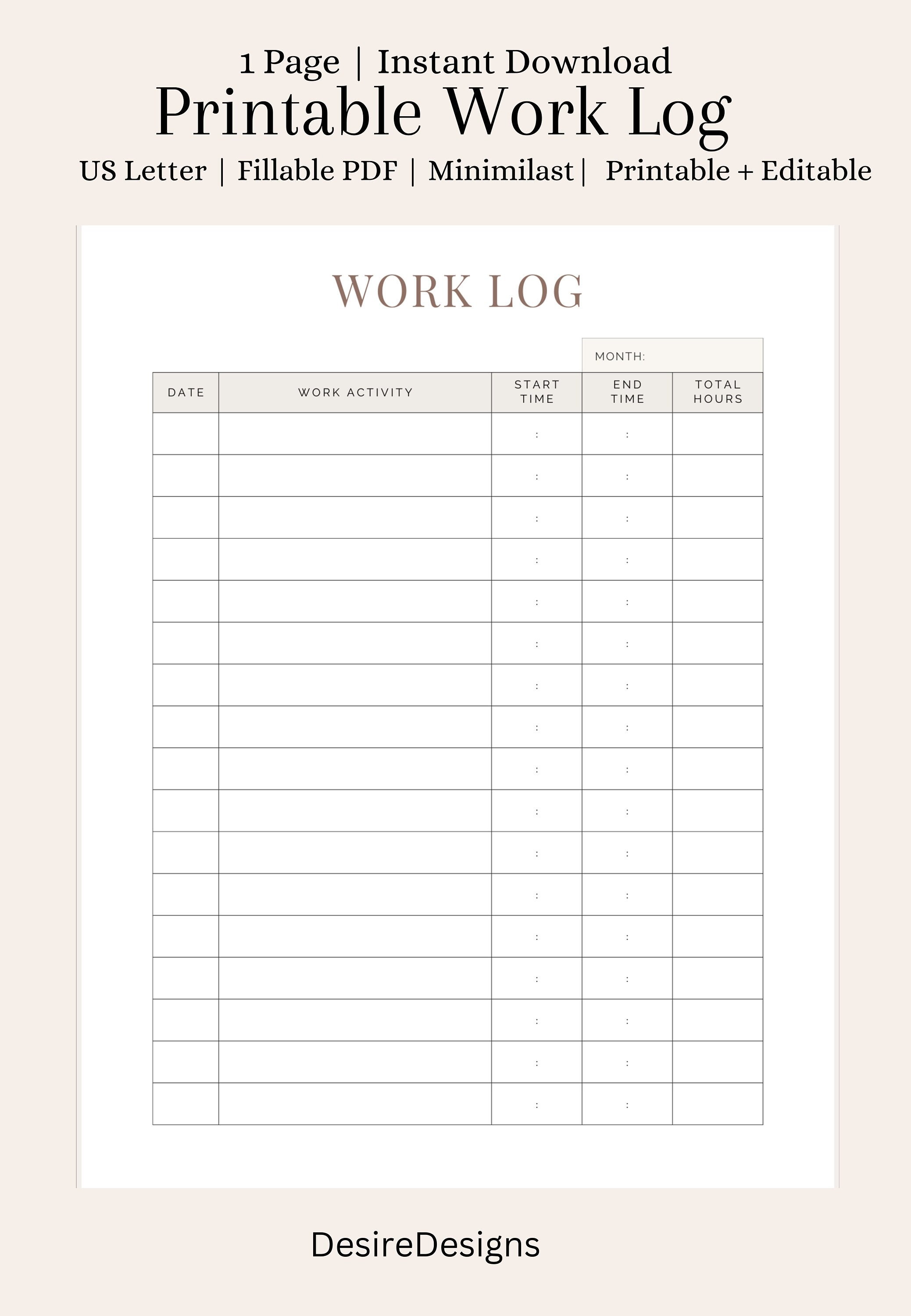 Printable Work Log, Work Time Log, Minimalist Work Log Tracker, Work ...