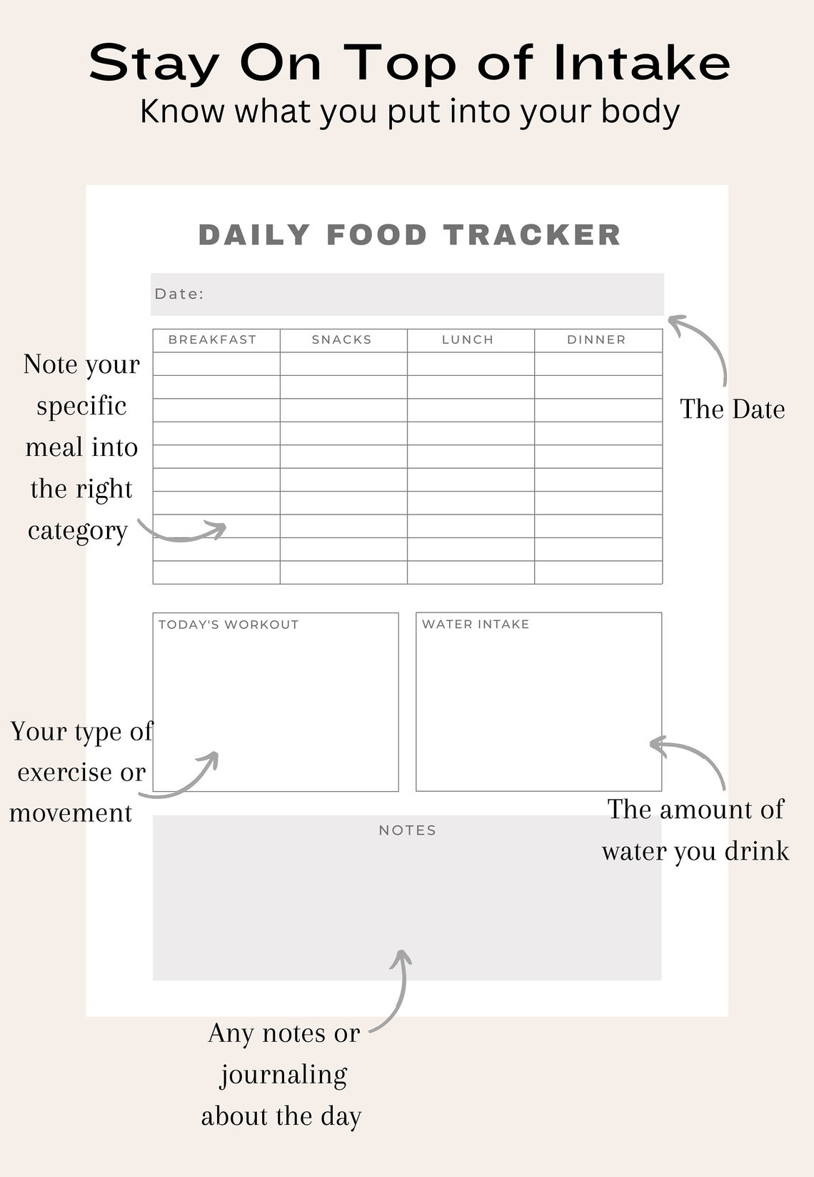 Printable Daily Food Tracker, Food Log, Track Health & Fitness, Record ...