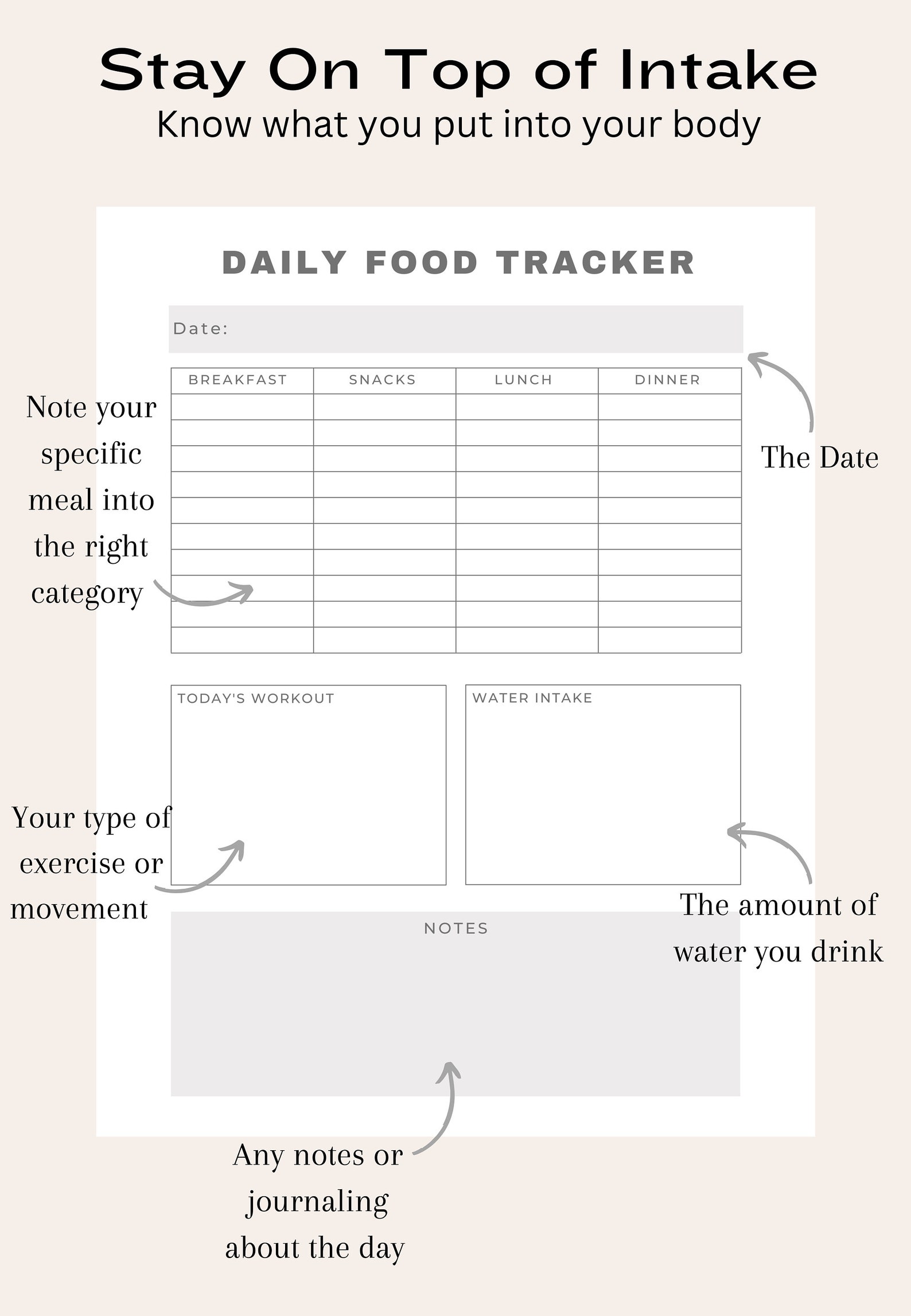 Printable Daily Food Tracker, Food Log, Track Health & Fitness, Record ...