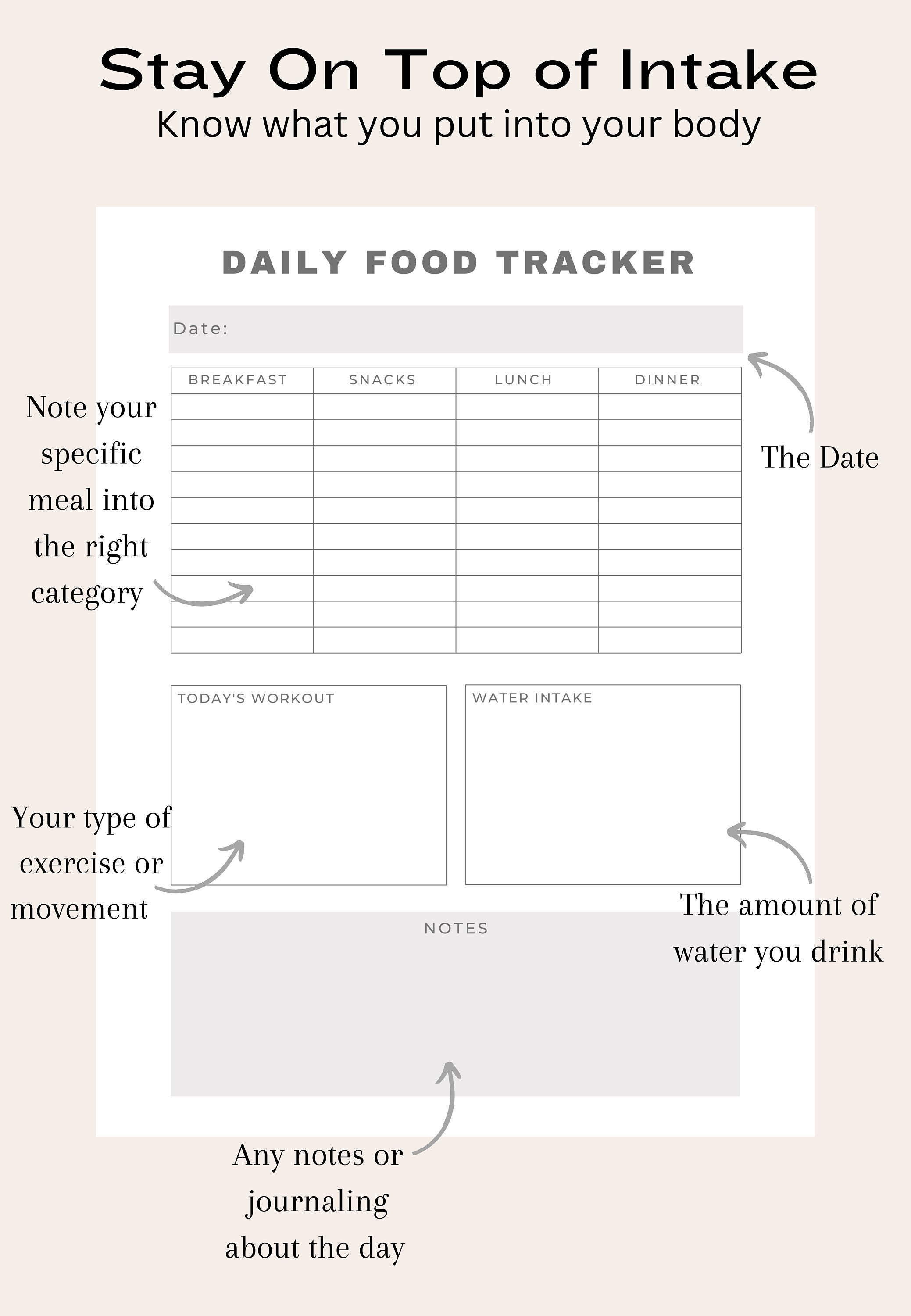 Printable Daily Food Tracker, Food Log, Track Health & Fitness, Record ...