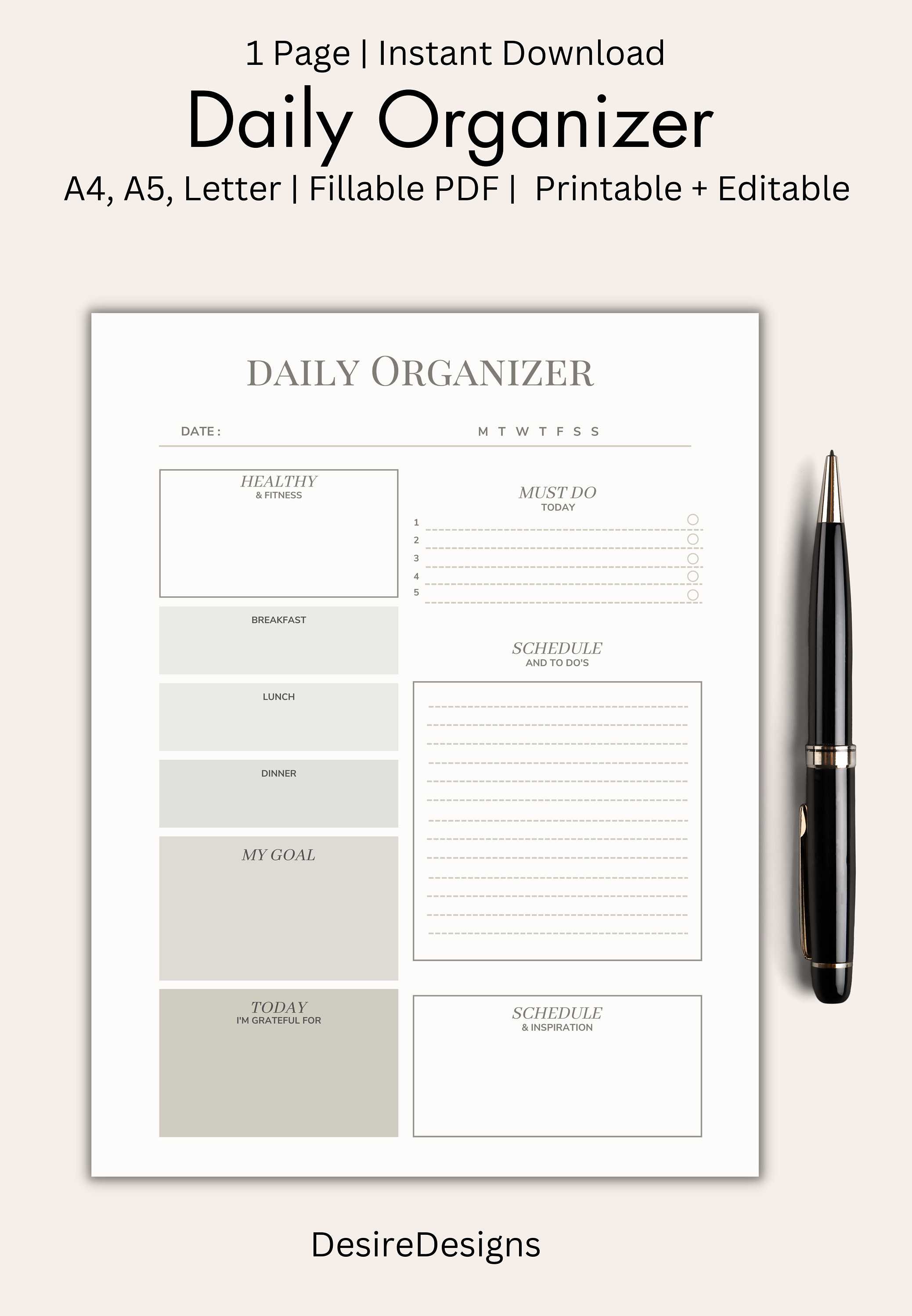 Daily Organizer Planner Printable, Meal Planner, Fitness Planner ...