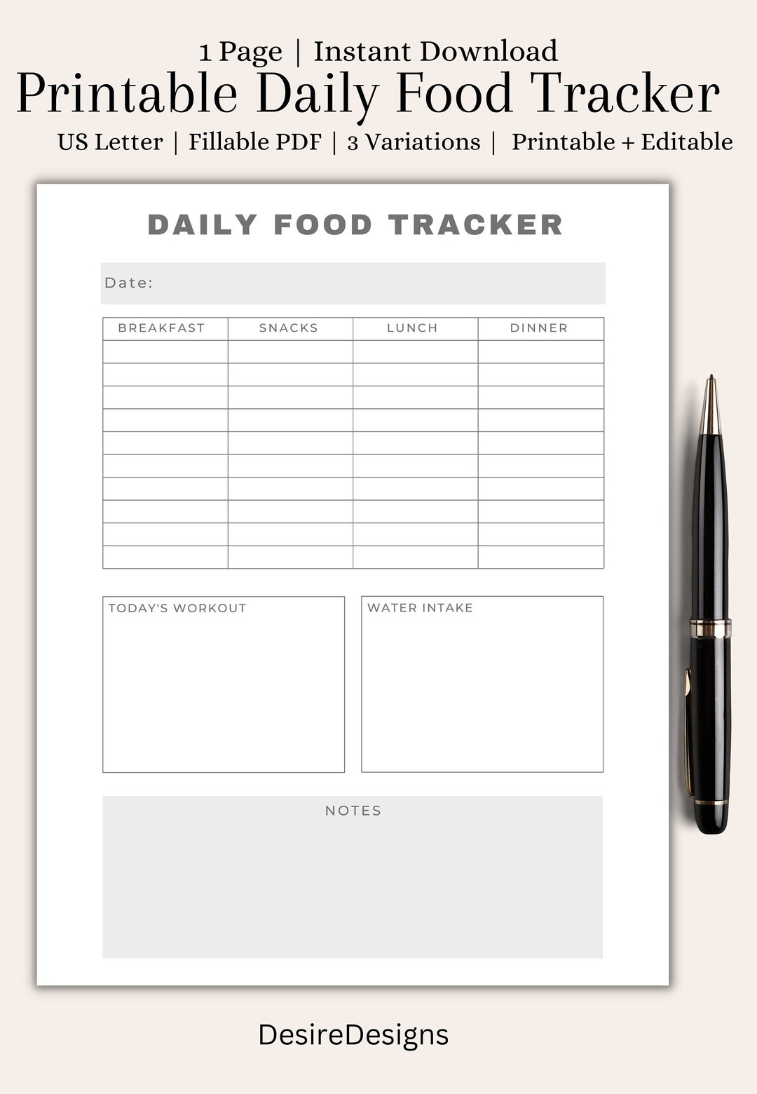 Printable Daily Food Tracker, Food Log, Track Health & Fitness, Record ...
