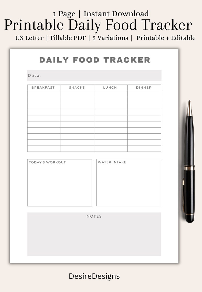 Printable Daily Food Tracker, Food Log, Track Health & Fitness, Record ...