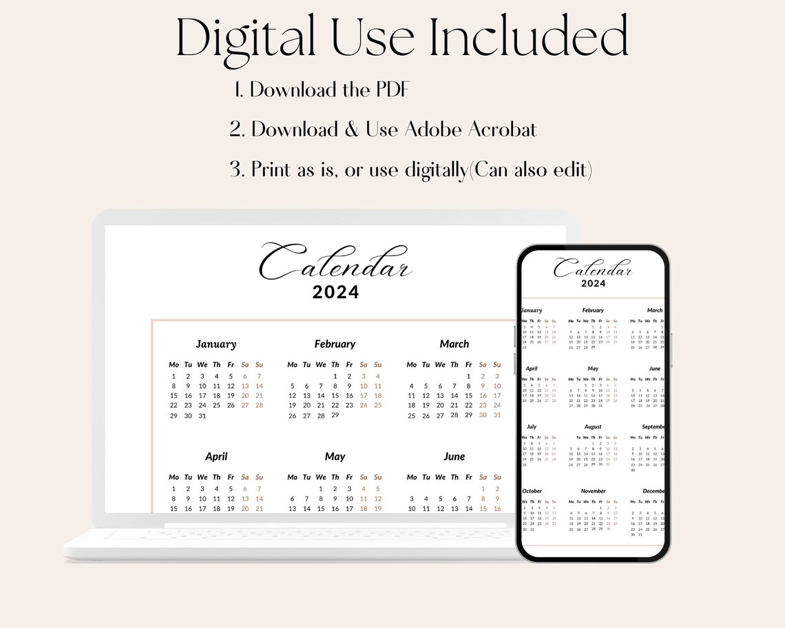 2024 Calendar, Yearly Calendar, 2024, Editable 2024 Calendar, Printable ...