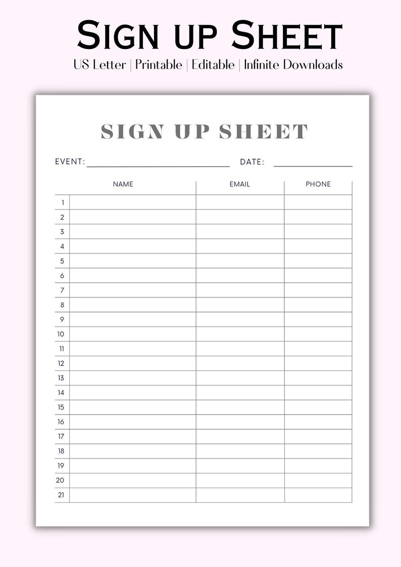 Editable Sign Up Sheet Printable Single Sign Up Form Etsy