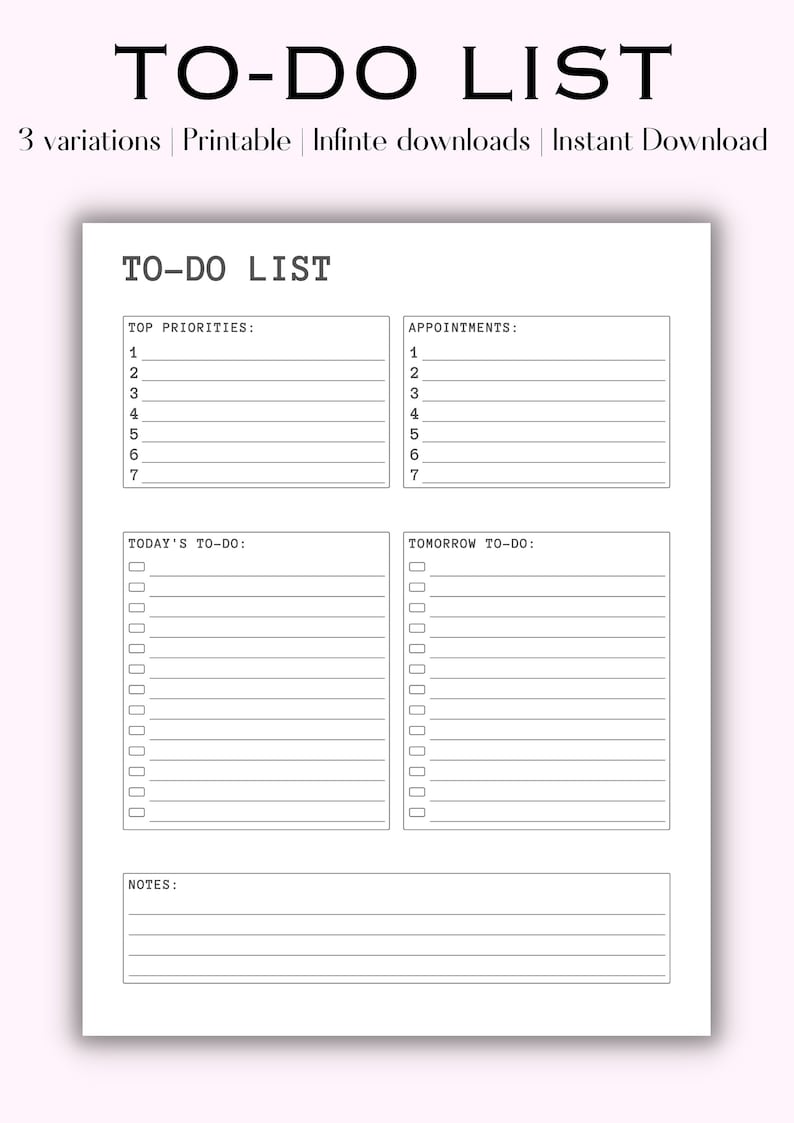 To-do List Printable, Minimalist To-do List, Daily Agenda, Notes ...