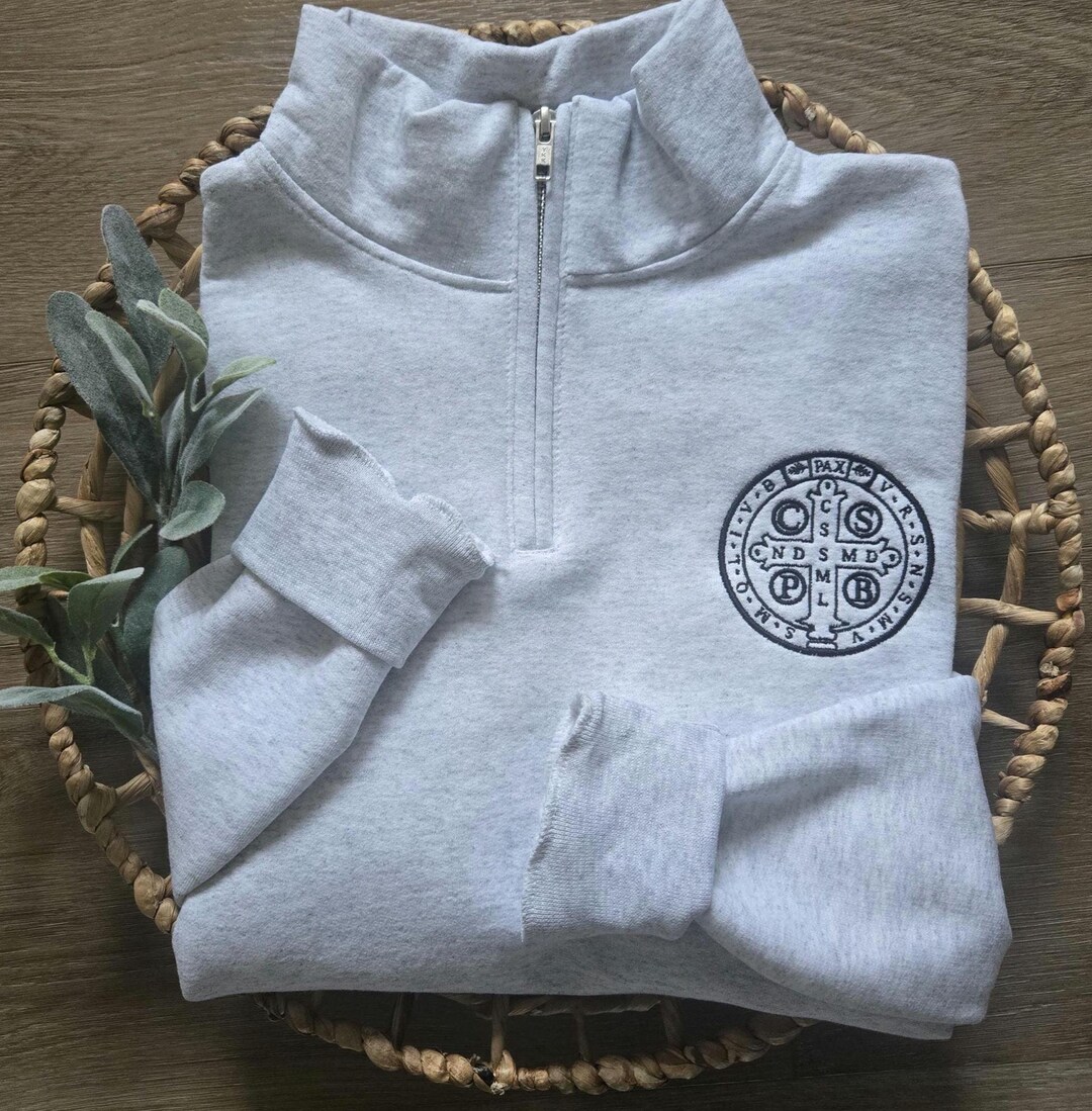 St. Benedict Medal Quarter Zip Sweatshirt, Catholic Gift for Men or ...