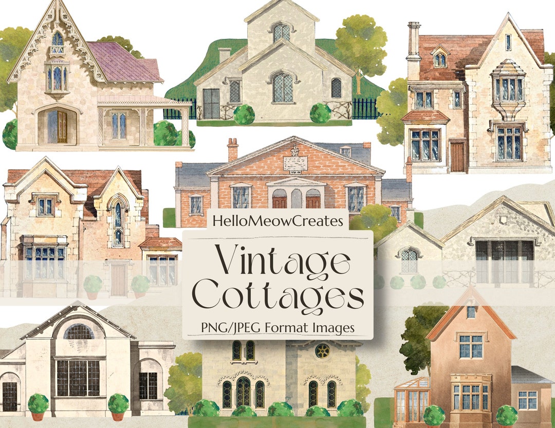 Vintage Cottages, Digital Download, PNG Images, Fussy Cuts, Cottage ...