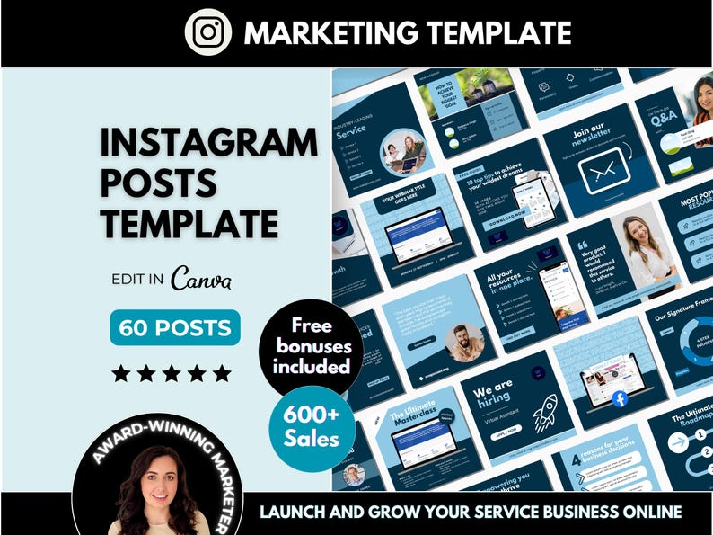60 Instagram Posts Template Canva, Editable IG Posts Marketing Bundle ...