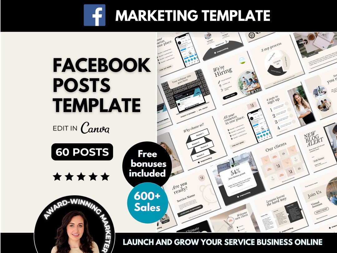 60 Facebook Posts Template Editable in Canva, Neutral FB Feed Content ...
