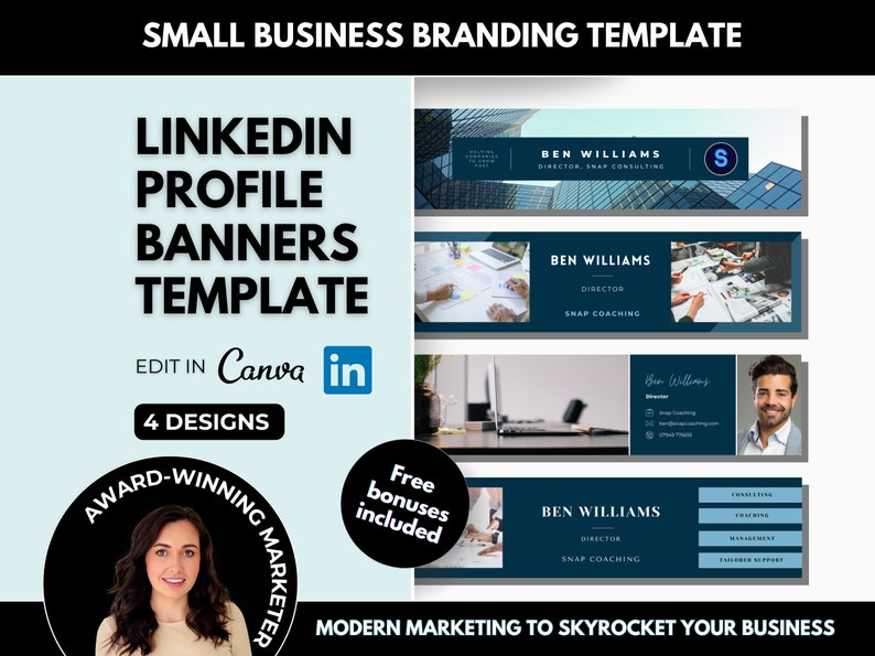 Editable Linkedin Profile Banners Canva Template Bundle, Blue Coaching ...