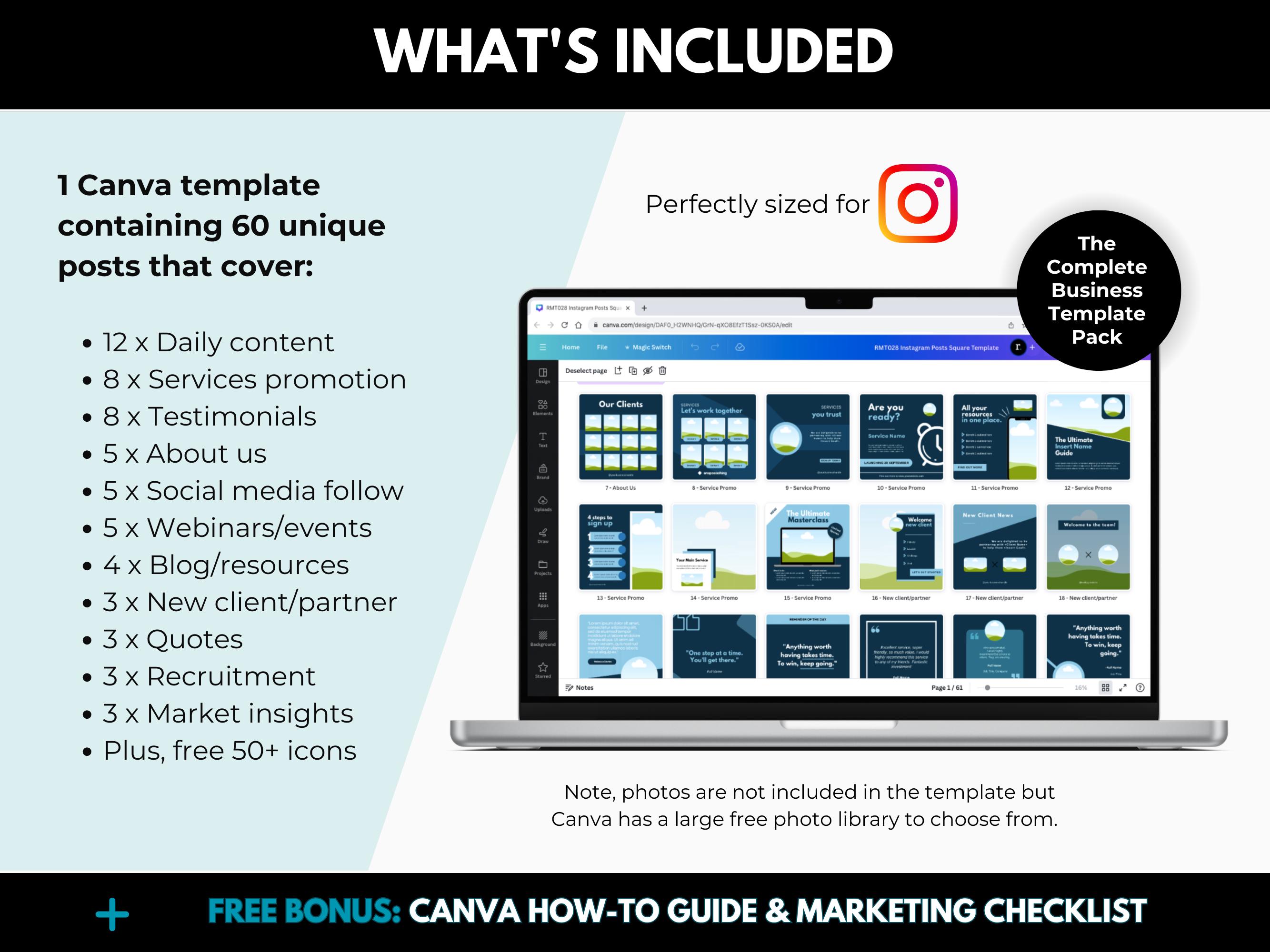 60 Instagram Posts Template Canva, Editable IG Posts Marketing Bundle ...