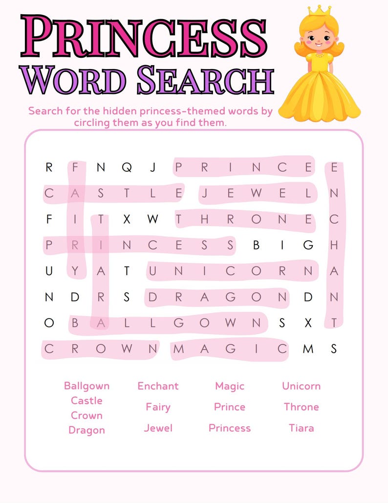 Printable Princess Word Search Puzzle With Answer Key - Etsy