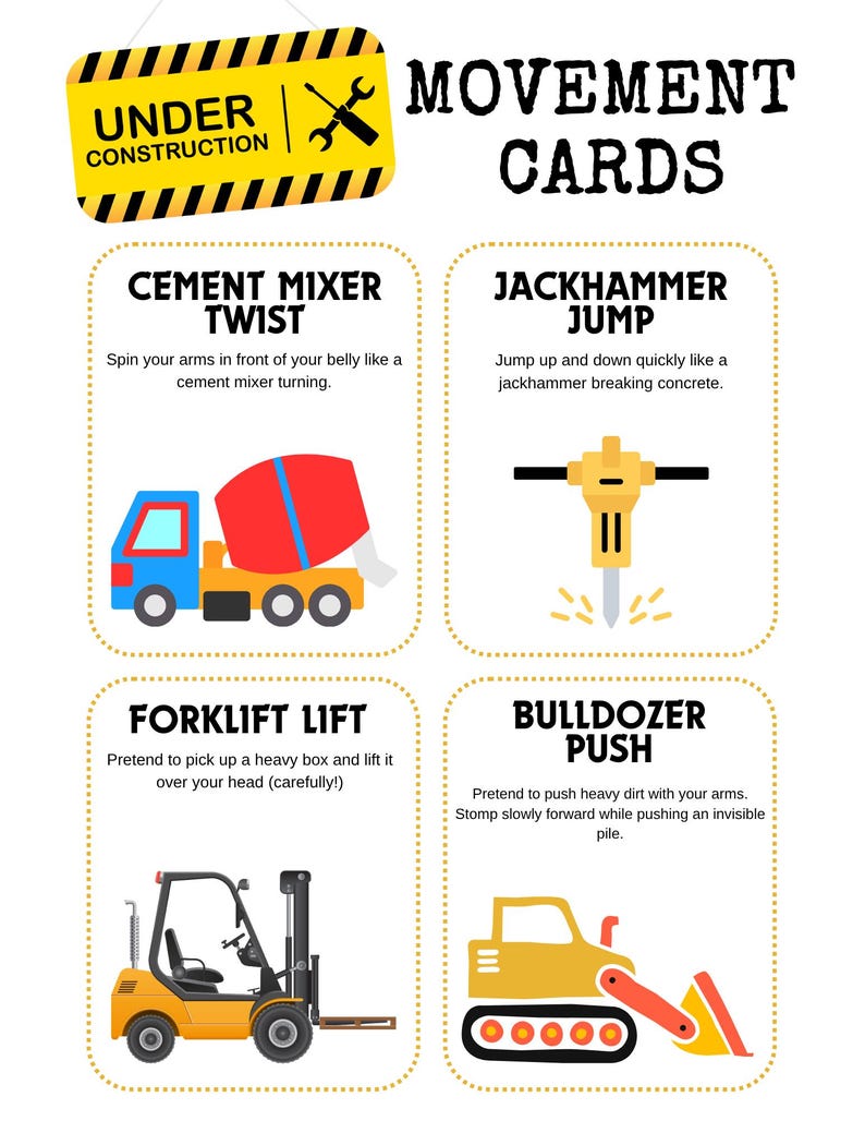 Printable Construction Themed Movement Cards - 20 Physical Activities ...