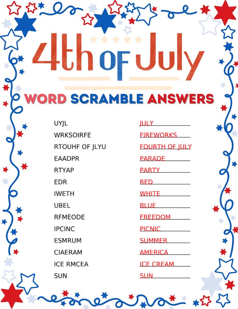 Printable Fourth of July Word Scramble Puzzle With Answer Key - Etsy