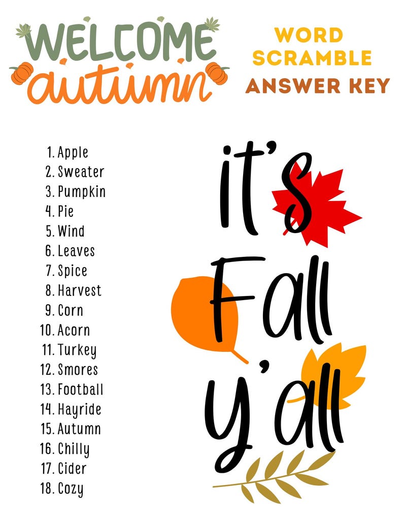 Fall Word Scramble Puzzle With Answer Key - Etsy