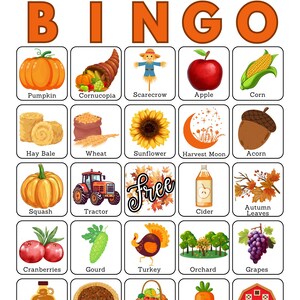 Printable Fall Harvest Bingo Game - Includes Calling Card and Playing ...