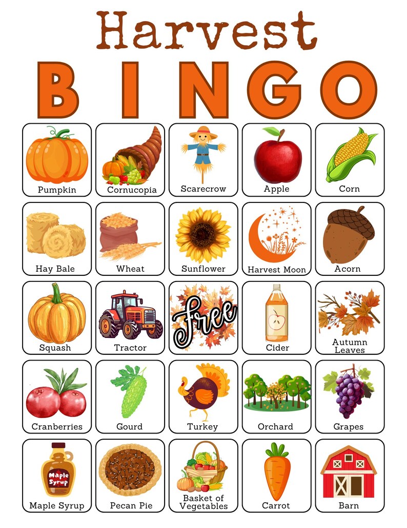 Printable Fall Harvest Bingo Game - Includes Calling Card and Playing ...