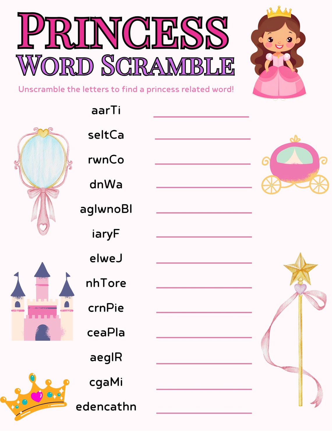 Printable Princess Word Scramble Puzzle With Answer Key - Etsy