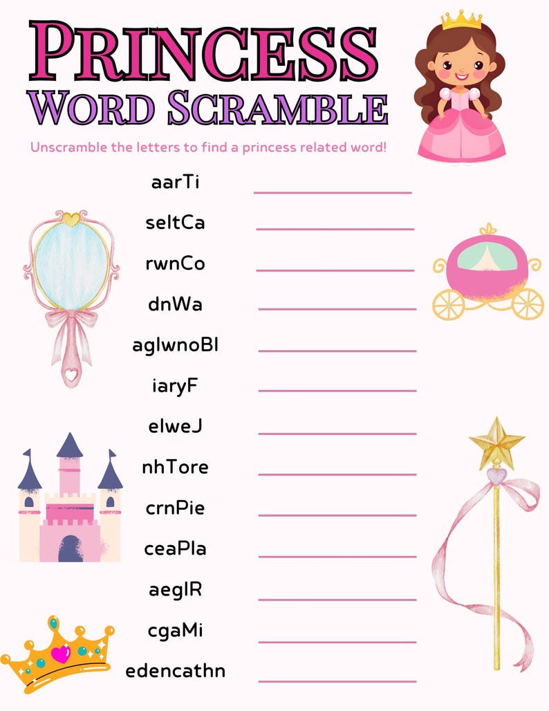 Printable Princess Word Scramble Puzzle With Answer Key - Etsy