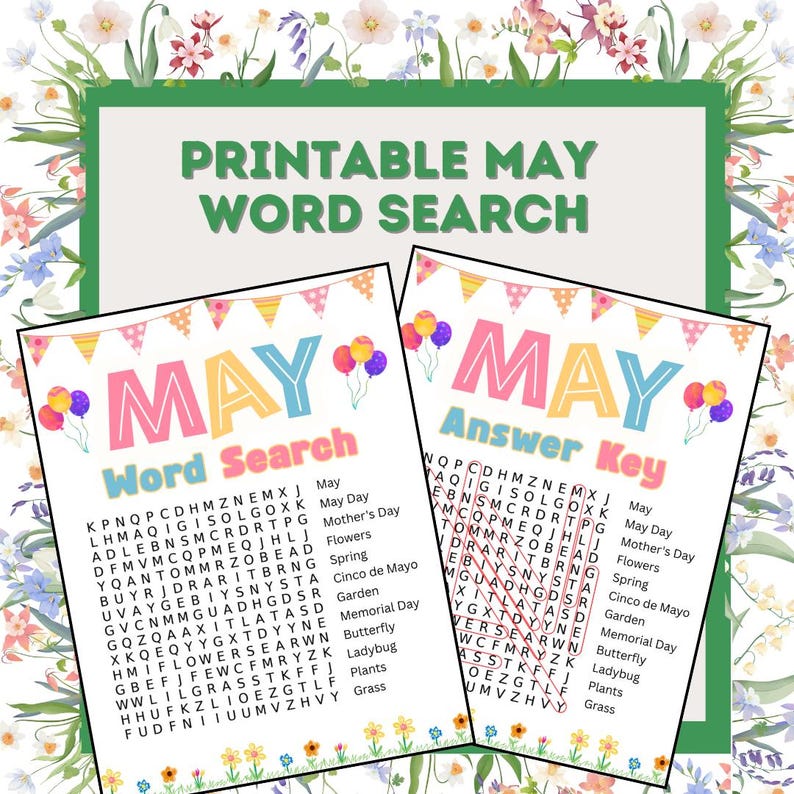 Printable May Word Search Puzzle With Answer Key - Etsy