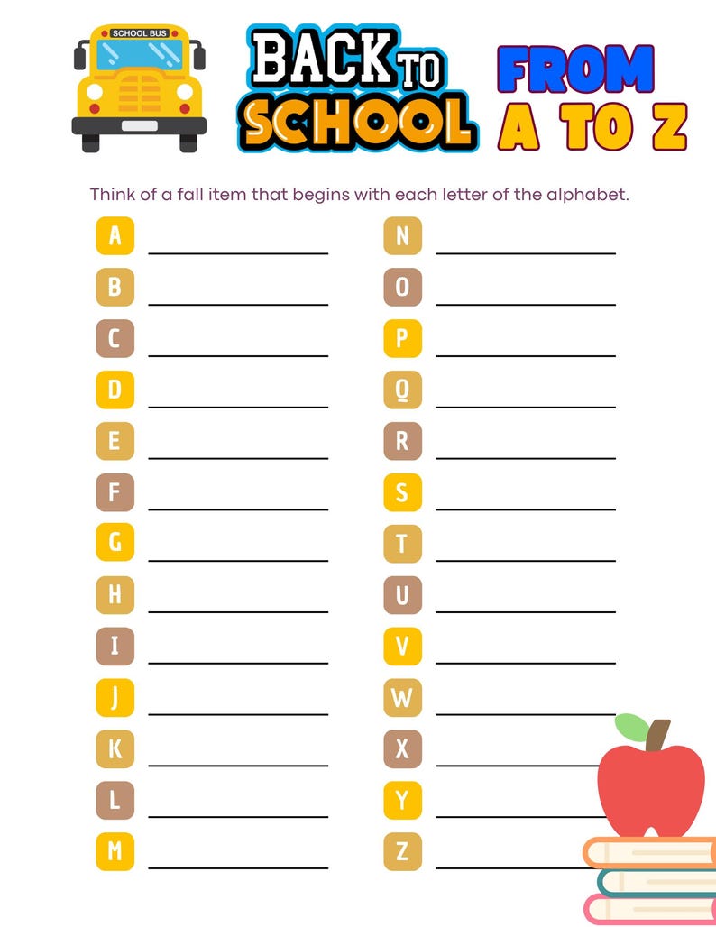 Printable Back to School A to Z Game - Can You Name School Items for ...