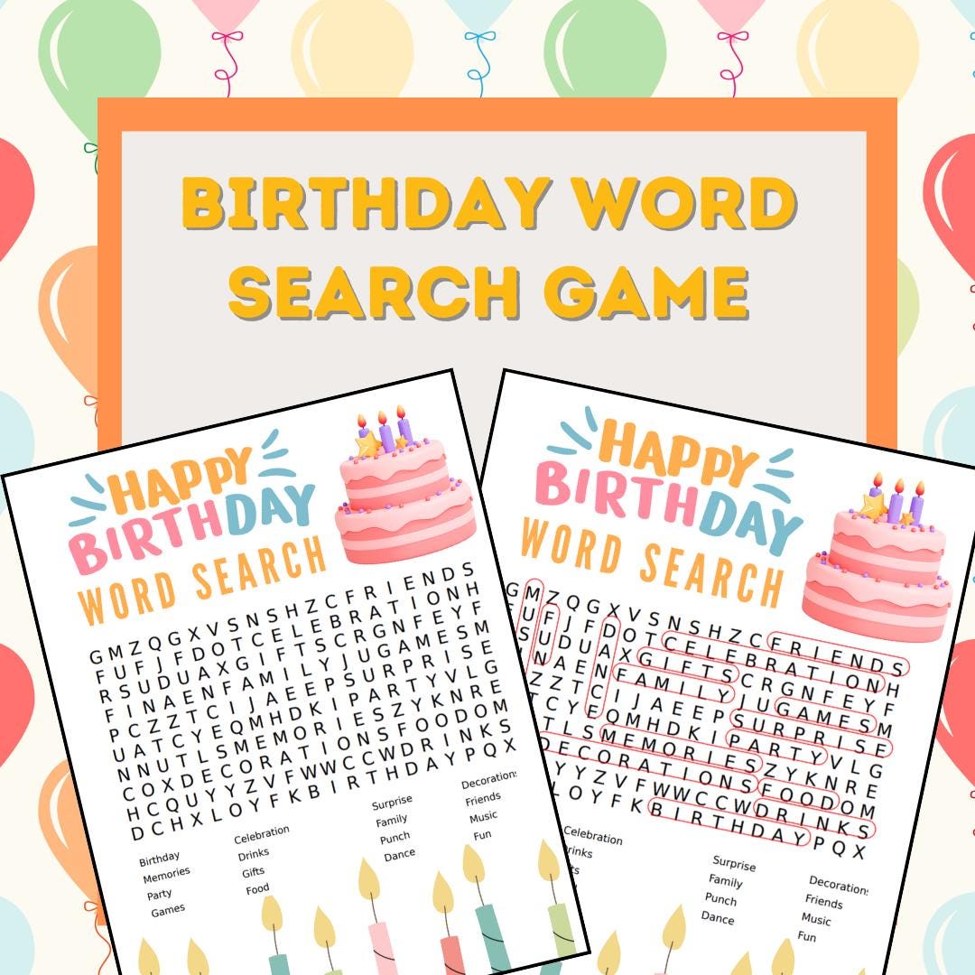 Printable Birthday Word Search With Answer Key - Etsy