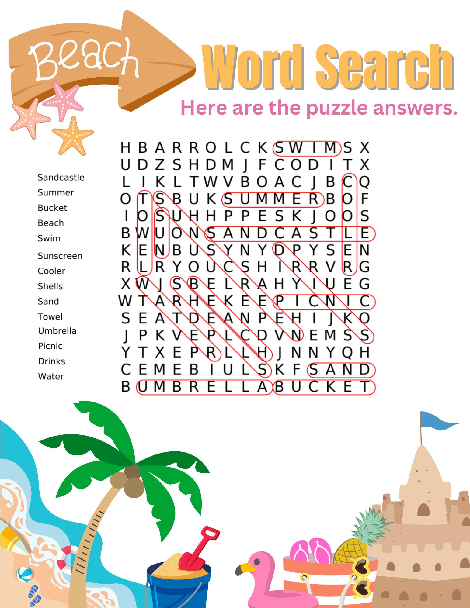 Printable Beach Word Search Complete With Answer Key - Etsy