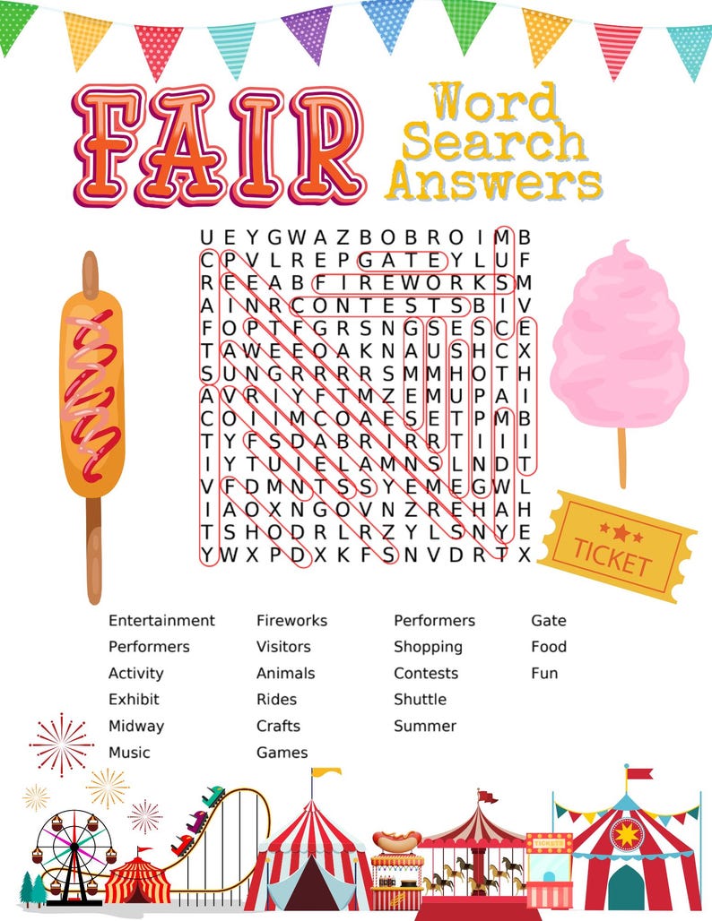 Printable Fair Word Search Puzzle With Answer Key - Etsy