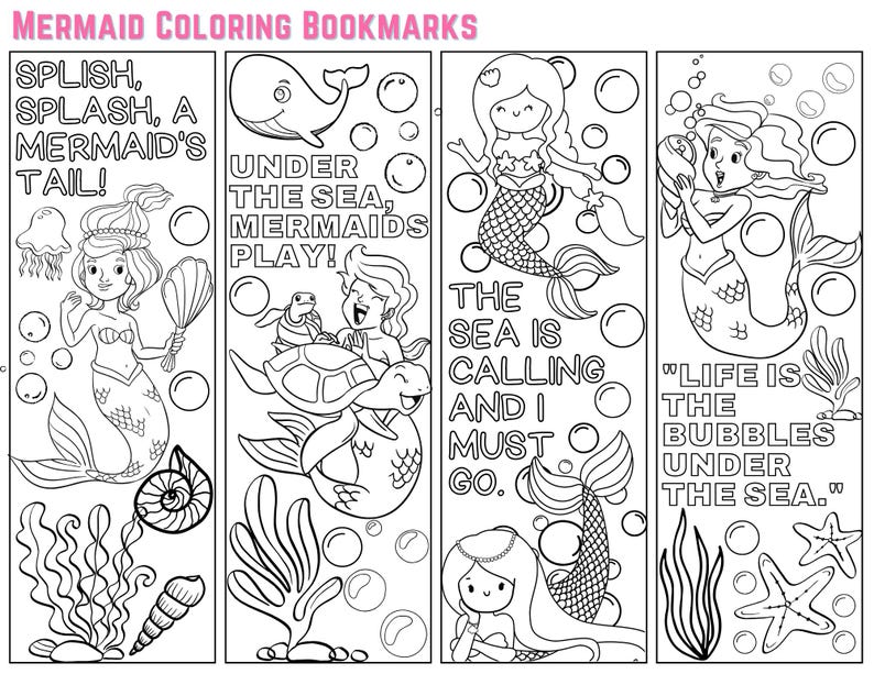 Printable Coloring Mermaid Bookmarks - 4 Different Designs - Etsy
