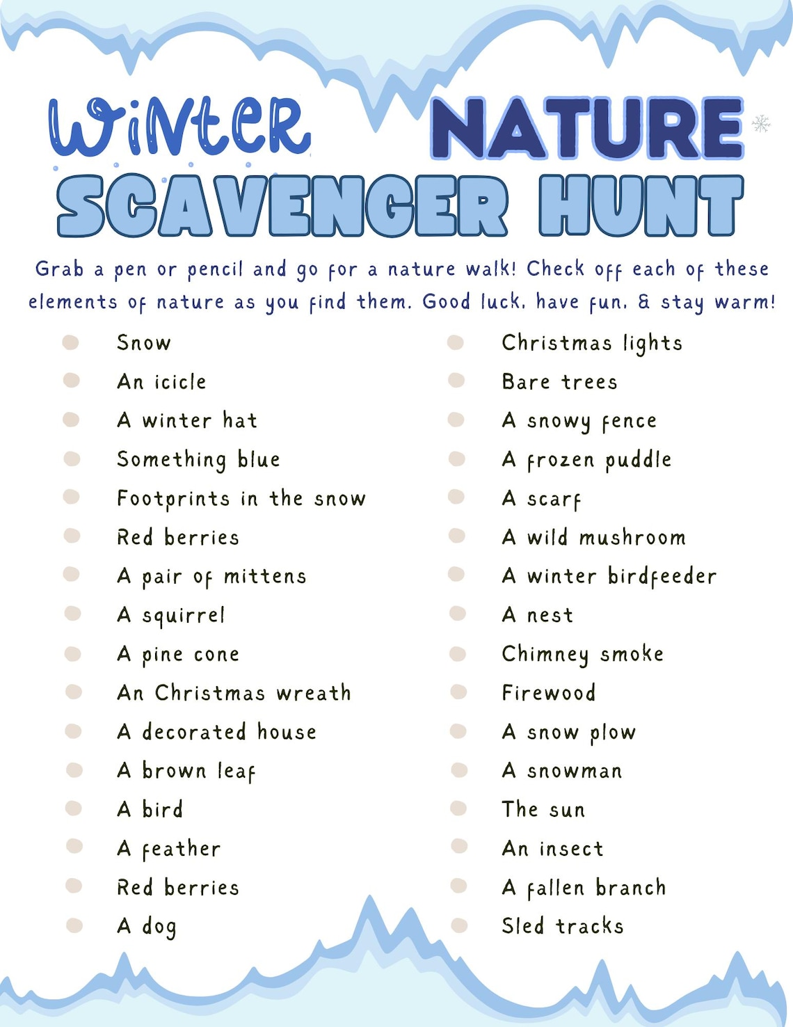 Printable Nature Winter Scavenger Hunt - Etsy