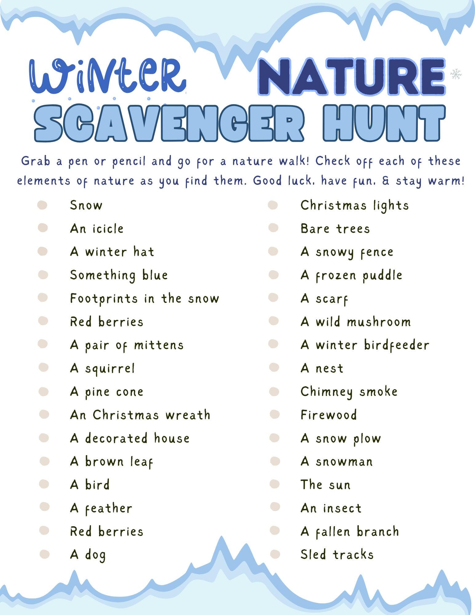 Printable Nature Winter Scavenger Hunt - Etsy