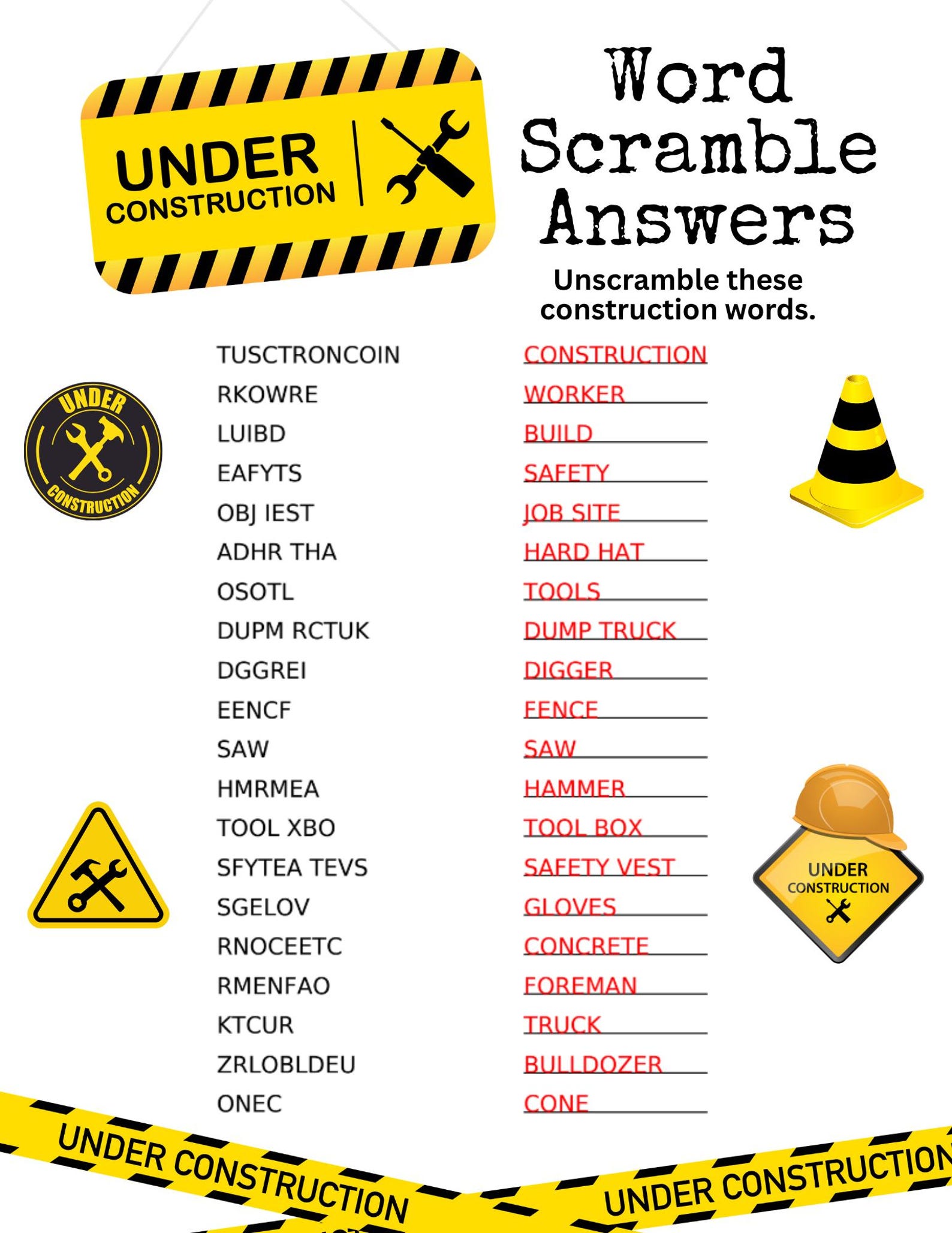 Printable Construction Word Scramble With Answer Key - Fun for ...