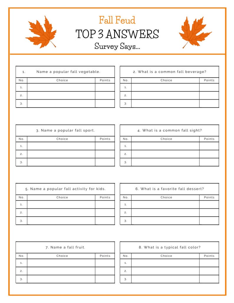 Printable Fall Family Feud Game - 26 Pages Perfect for Fall Party ...
