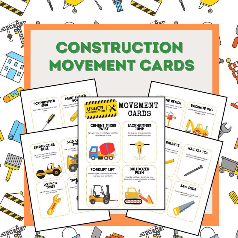 Printable Construction Themed Movement Cards - 20 Physical Activities ...