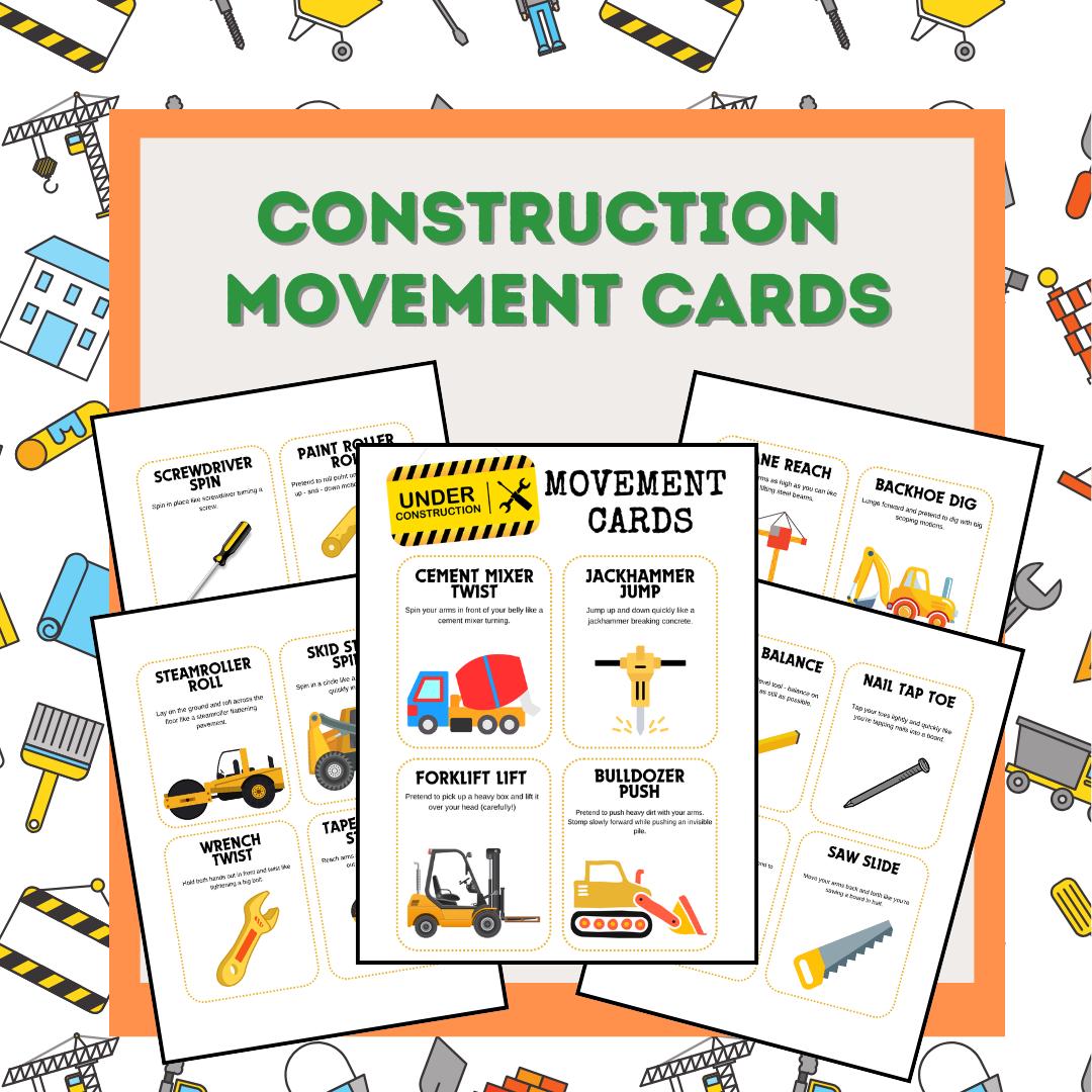 Printable Construction Themed Movement Cards - 20 Physical Activities ...