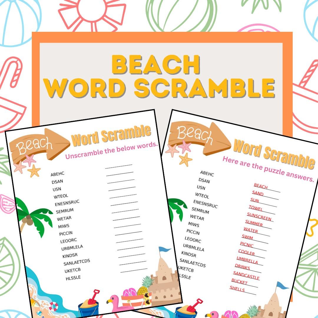 Printable Beach Word Scramble Puzzle Complete With Answer Key - Etsy