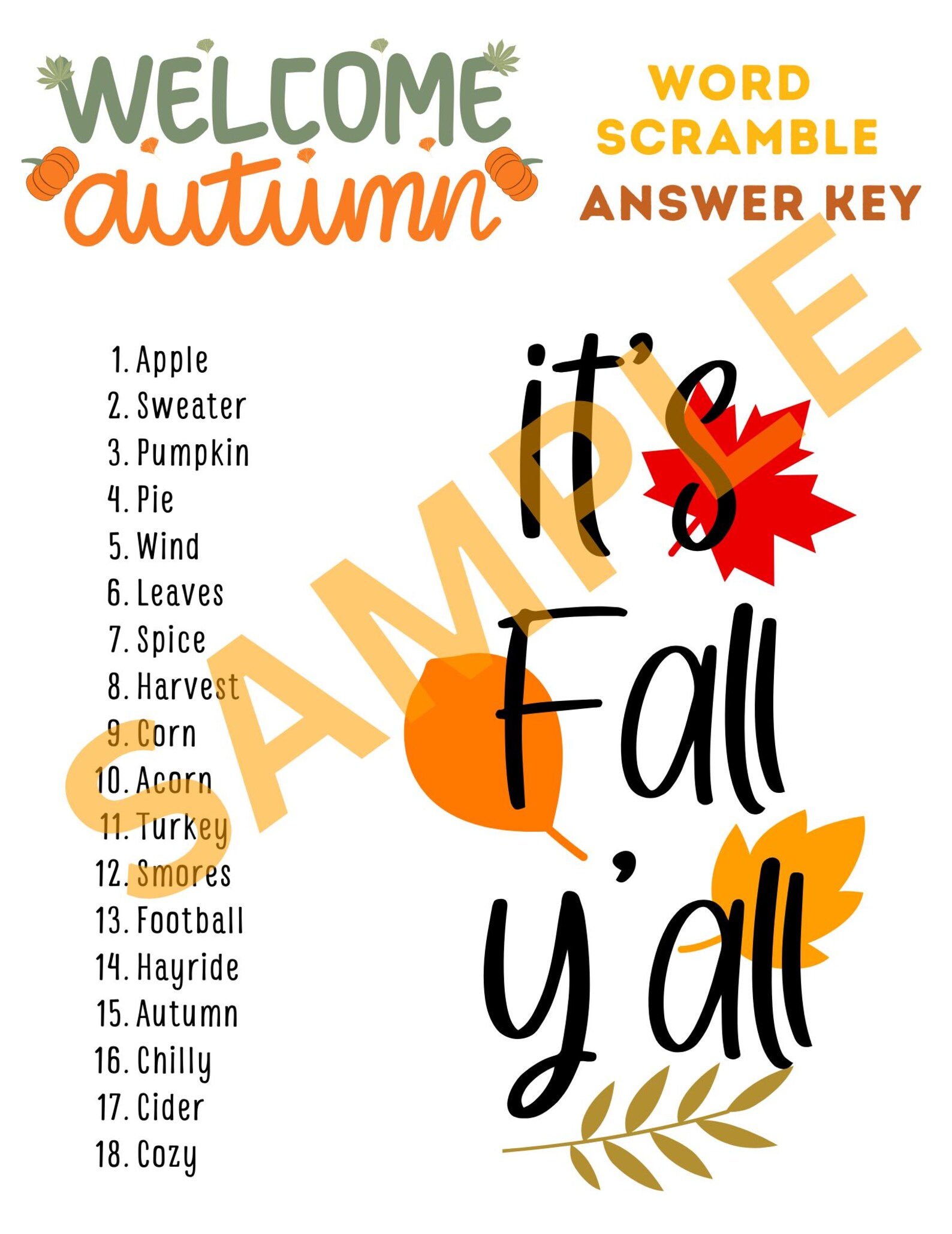 Fall Word Scramble Puzzle - Etsy