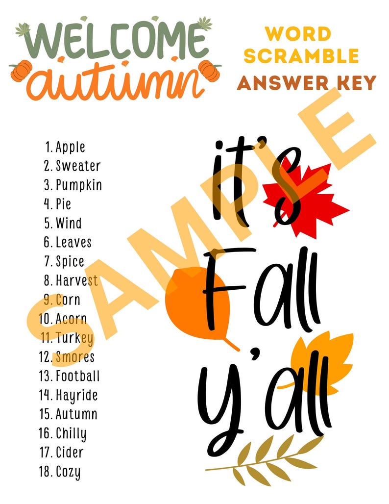 Fall Word Scramble Puzzle - Etsy