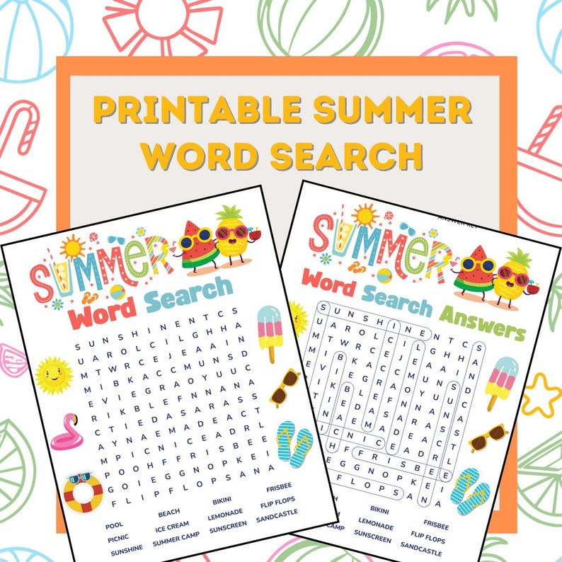 Printable Summer Word Search and Answer Key - Etsy